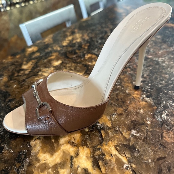 Gucci | Shoes | Gucci Size 47 Leather Brown Mule With White High Heel ...